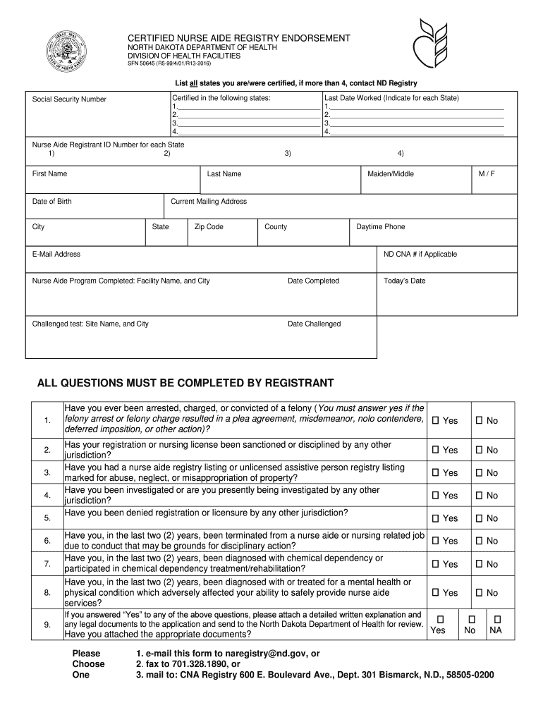 Fillable Online ndhealth CNA Endorsement - North Dakota Department of ...