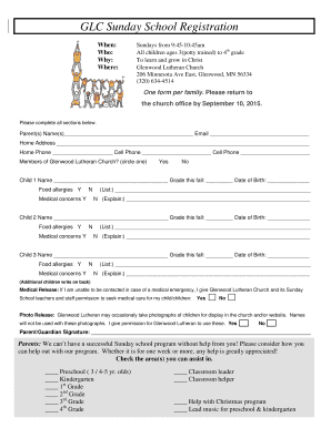 Fillable Online GLC Sunday School Registration - Glenwood Lutheran ...