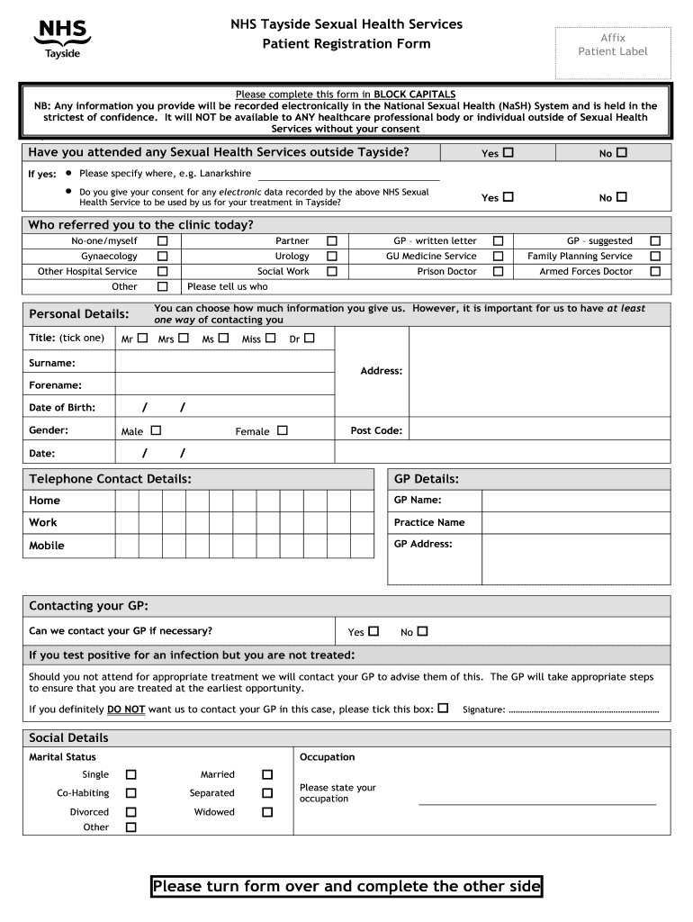 Fillable Online sexualhealthtayside Please turn form over and complete ...