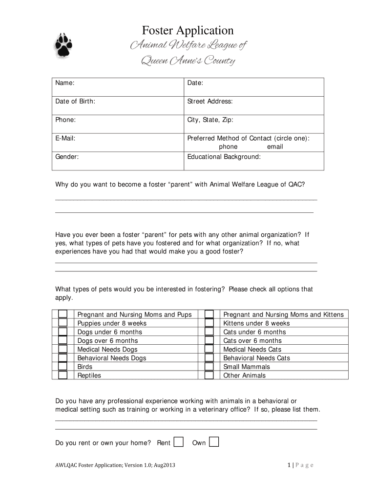 Fillable Online Foster Application Animal Welfare League of Queen Annes ...