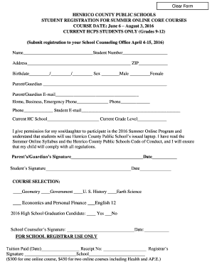 Fillable Online CURRENT HCPS STUDENTS ONLY (Grades 9-12) Fax Email ...