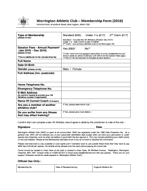 Fillable Online warringtonathletic Warrington Athletic Club Membership ...
