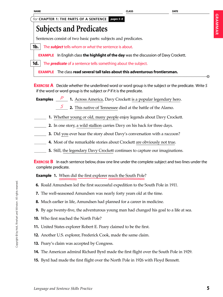 Fillable Online Subjects and Predicates Sentences consist of two basic ...
