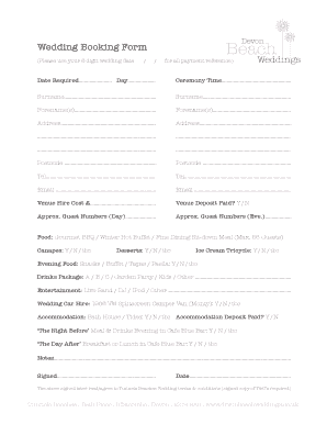 Fillable Online tunnelsbeaches co Wedding Booking Form (Please use your ...