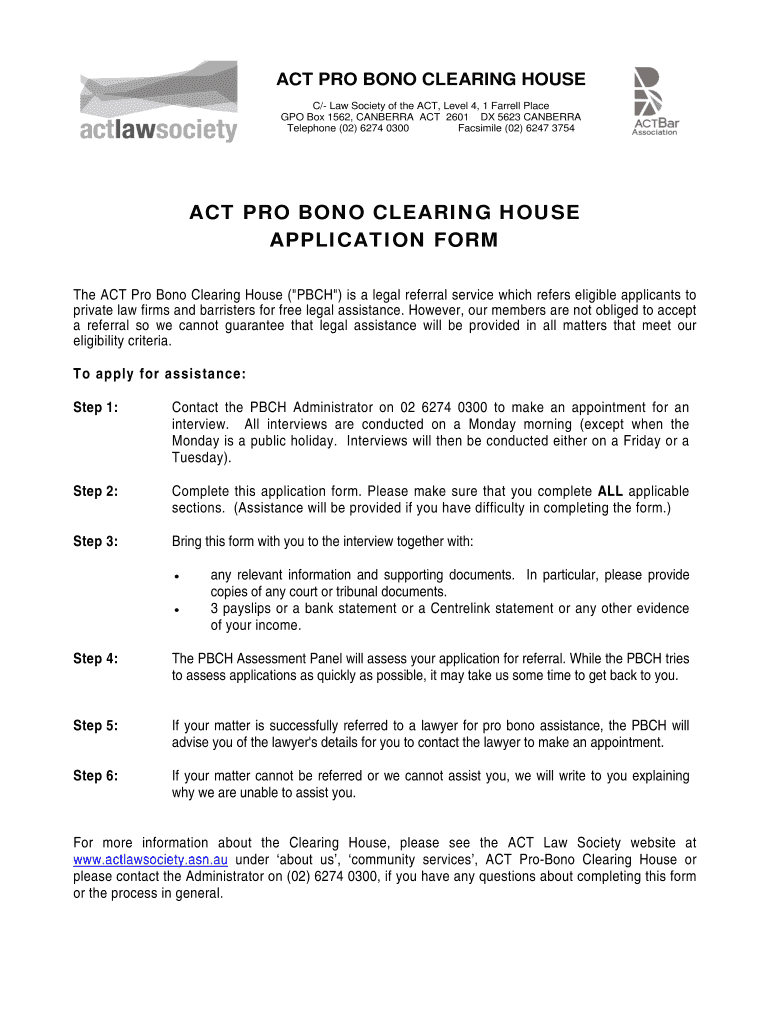Fillable Online actlawsociety asn ACT PRO BONO CLEARING HOUSE ...