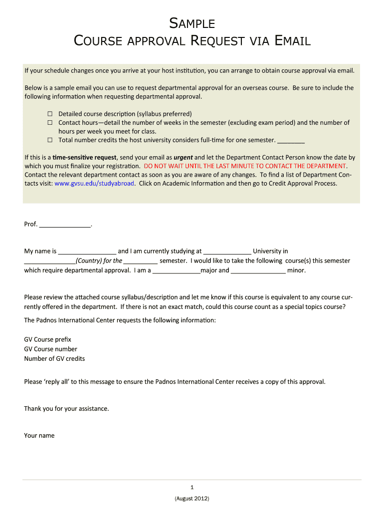 Fillable Online gvsu SAMPLE COURSE APPROVAL REQUEST VIA EMAIL Fax Email ...