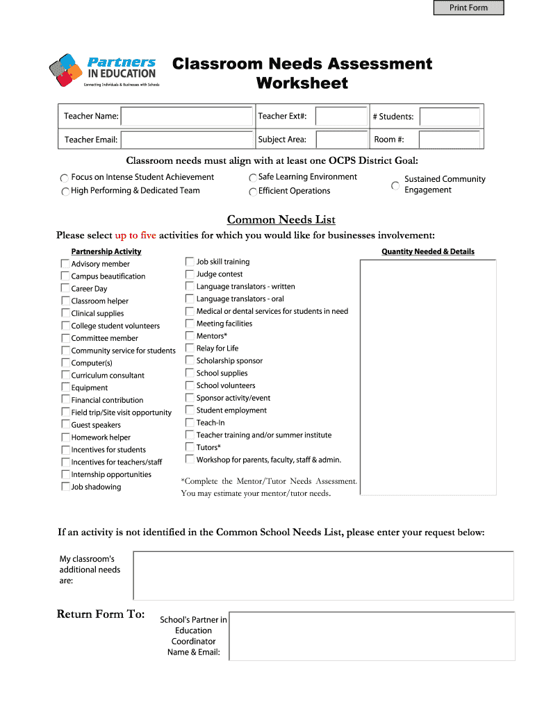 Fillable Online ocps Classroom Needs Assessment Worksheet Fax Email ...