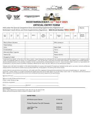 Fillable Online Entry Form New - Red Star Raceway Fax Email Print ...