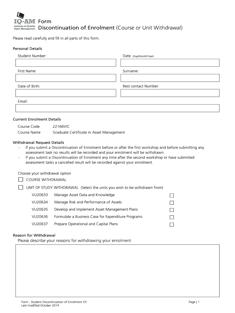 Fillable Online Form Discontinuation of Enrolment Course or Unit Withdrawal Fax Email Print ...
