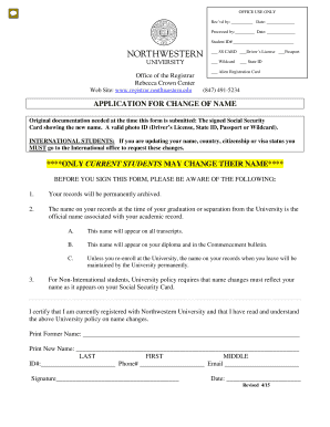 Fillable Online registrar northwestern Application for Change of Name Application for Change of ...