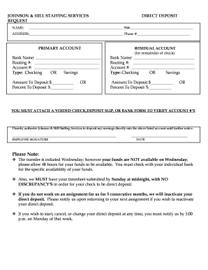 Fillable Online Direct Deposit Request form 2011 - Johnson amp Hill ...