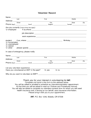 Fillable Online awildfound Volunteer Record - American Wildlife ...