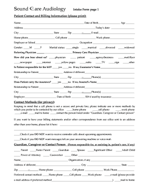 Fillable Online Ound are Audiology Intake Form page 1 Patient Contact ...