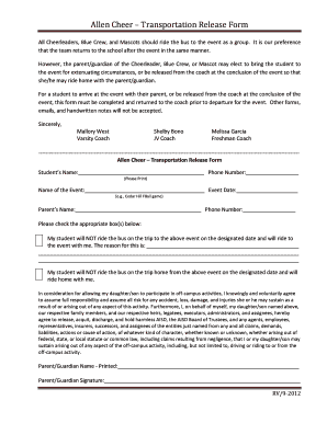 Fillable Online Allen bCheerb Transportation Release Form Fax Email ...