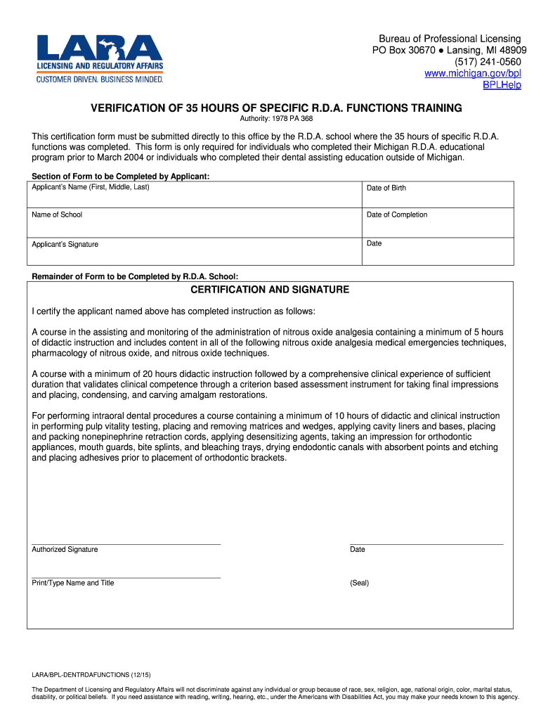 Fillable Online Verification of 35 hours of specific rda functions ...