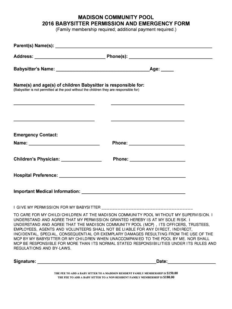 Fillable Online madisonpool Babysitter Permission Form - Madison ...