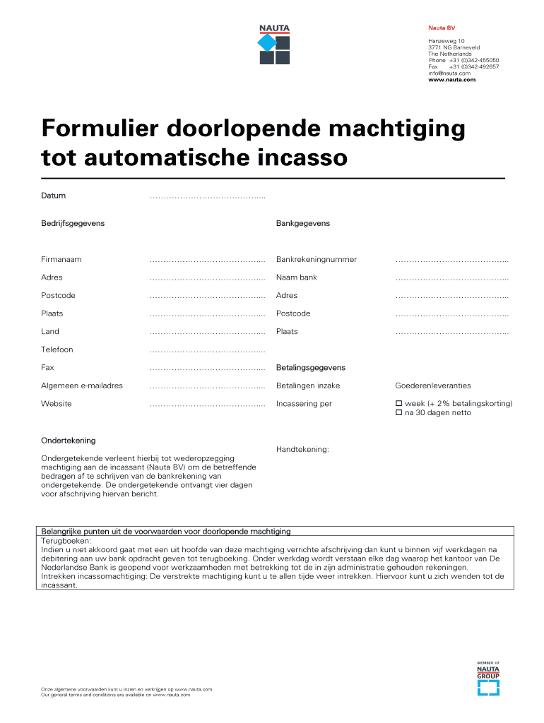 Invulbaar Online Formulier doorlopende machtiging tot automatische ...