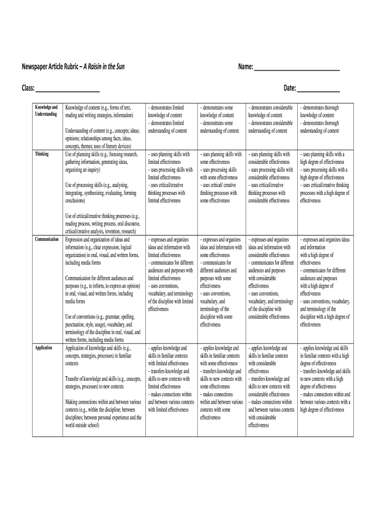 Fillable Online Newspaper Article Rubric A Raisin in the Sun Name Class ...