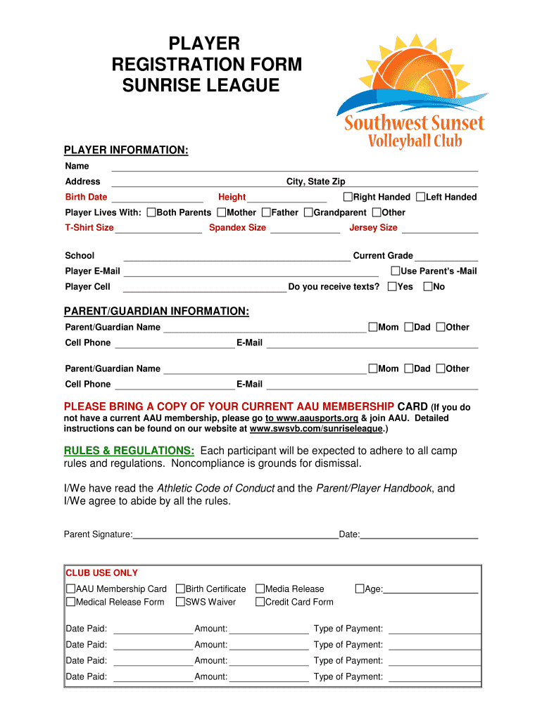 Fillable Online PLAYER REGISTRATION FORM SUNRISE LEAGUE Fax Email Print - pdfFiller