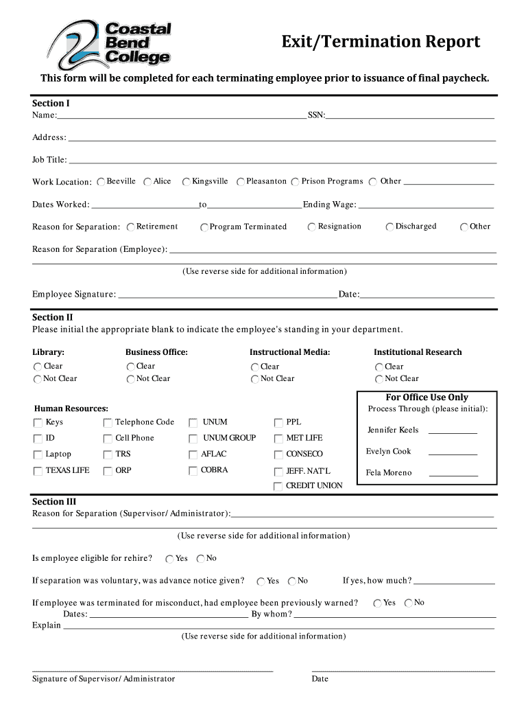 Fillable Online coastalbend ExitbTermination Reportb - Coastal Bend College Fax Email Print ...