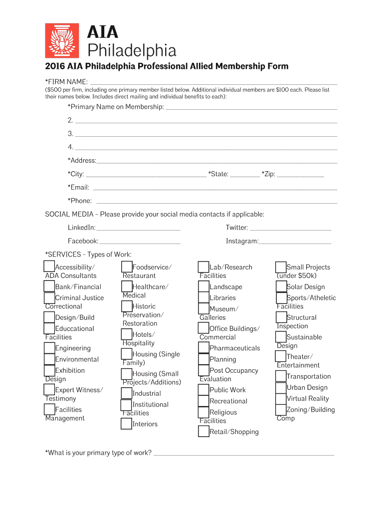 Fillable Online aiaphiladelphia 2016 AIA Philadelphia Professional ...