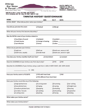 Fillable Online Tinnitus History Questionnaire - Allergy Ear Nose ...