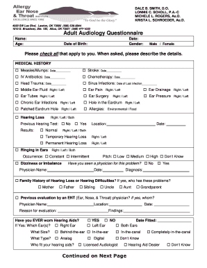 Fillable Online Adult Audiology Questionnaire - Allergy Ear Nose ...