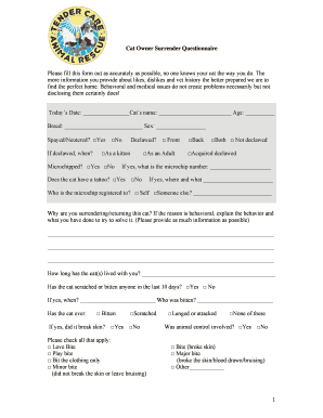 Fillable Online tendercareanimalrescue Cat Owner Surrender Form.doc Fax ...