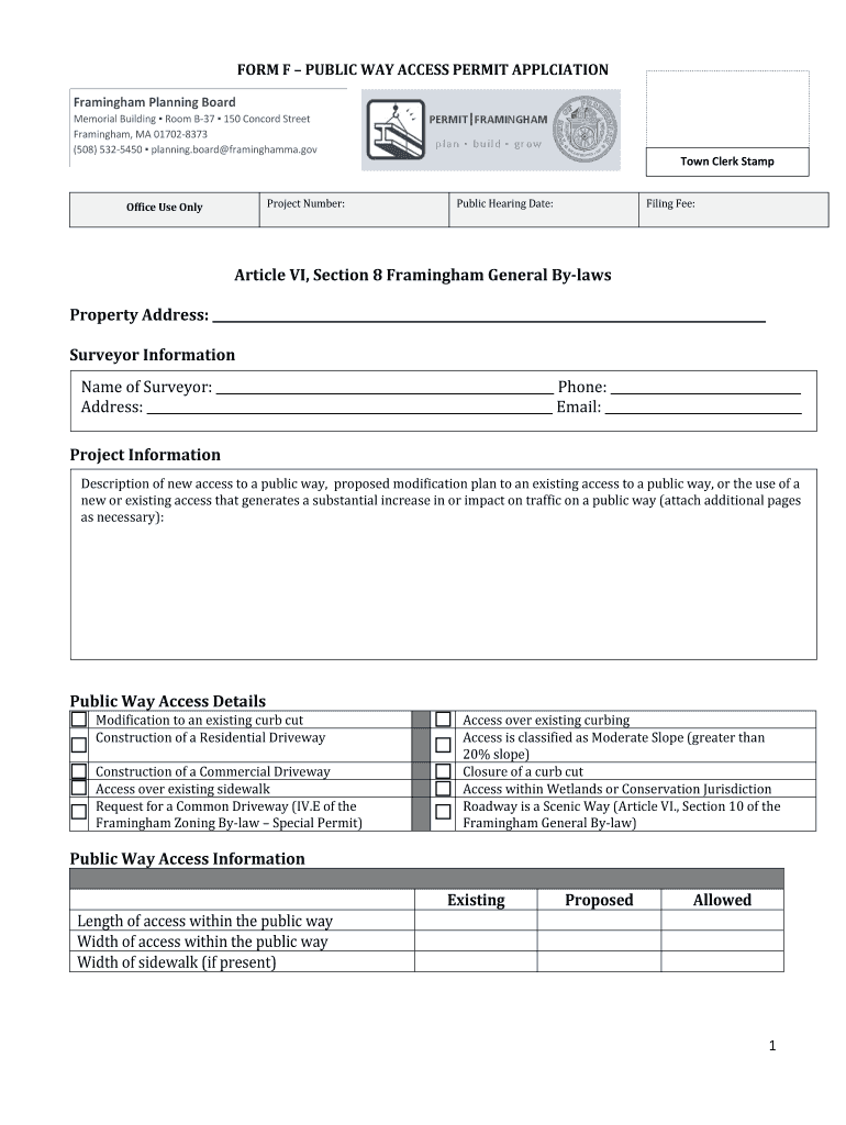 Fillable Online BFORMb F Public Way Access Permit - Town of Framingham ...