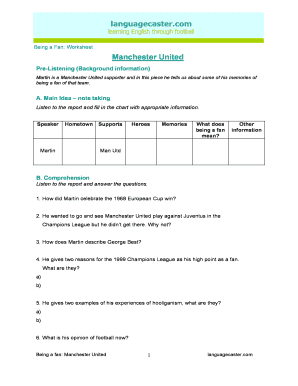 Fillable Online Being a Fan Worksheet Manchester United ...