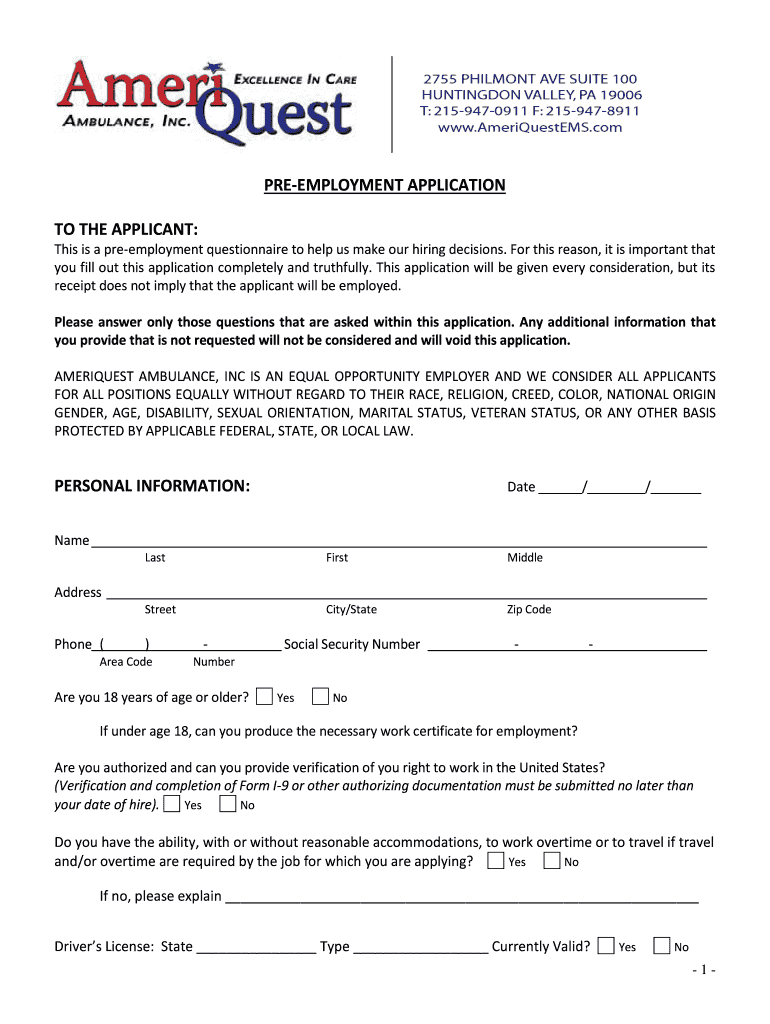 Fillable Online PRE-EMPLOYMENT APPLICATION TO THE APPLICANT Fax Email ...