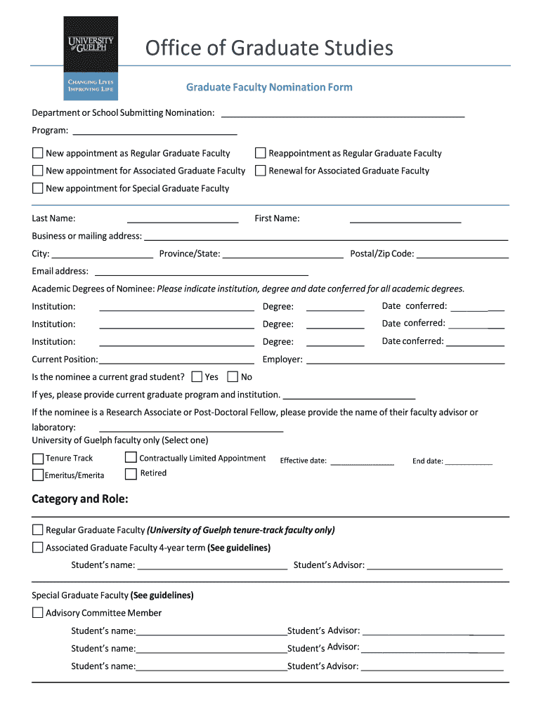 Fillable Online ib cbs uoguelph Graduate Faculty Nomination Form Fax Email Print - pdfFiller
