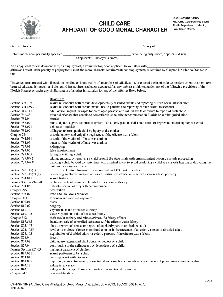 Fillable Online AFFIDAVIT OF GOOD MORAL CHARACTER - For The Children ...