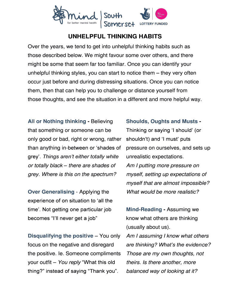 Fillable Online Over the years, we tend to get into unhelpful thinking ...