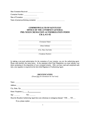 Fillable Online ag ky PRE-NEED CREMATION AUTHORIZATION FORM CR-3 11-02 ...