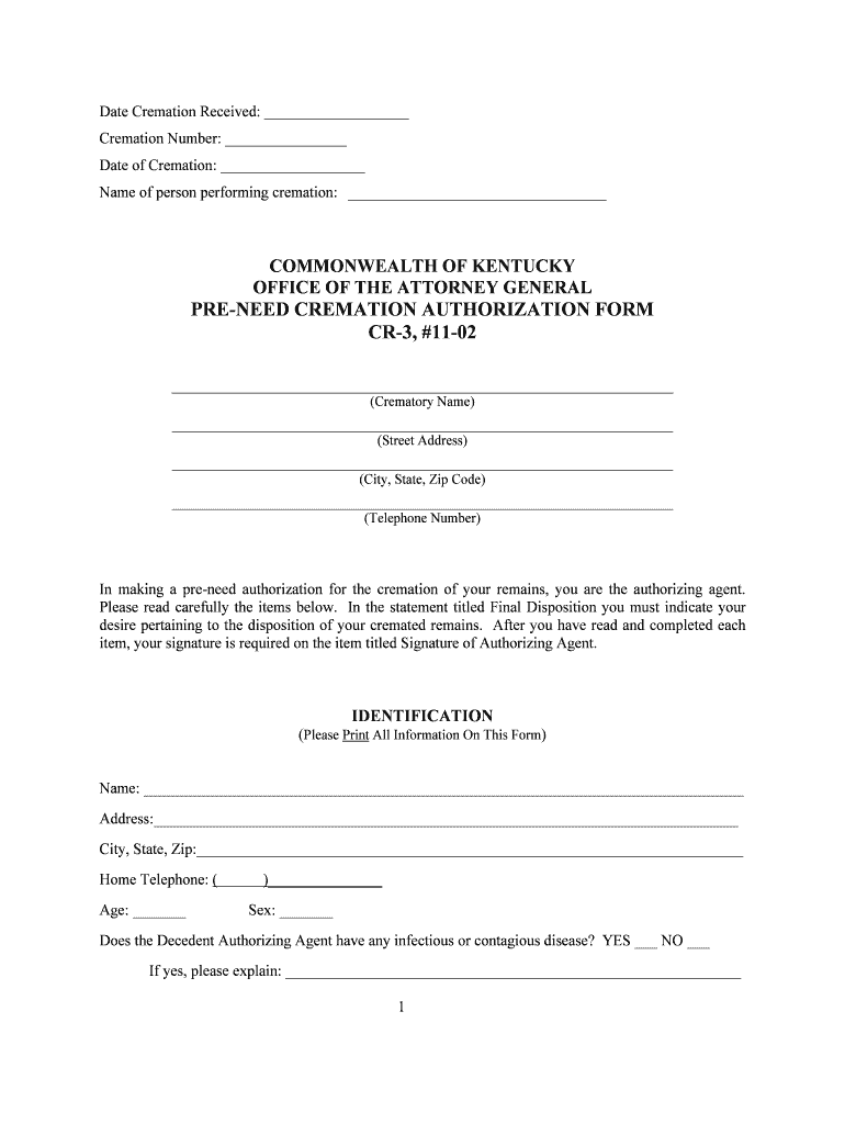 Fillable Online ag ky PRE-NEED CREMATION AUTHORIZATION FORM CR-3 11-02 ...