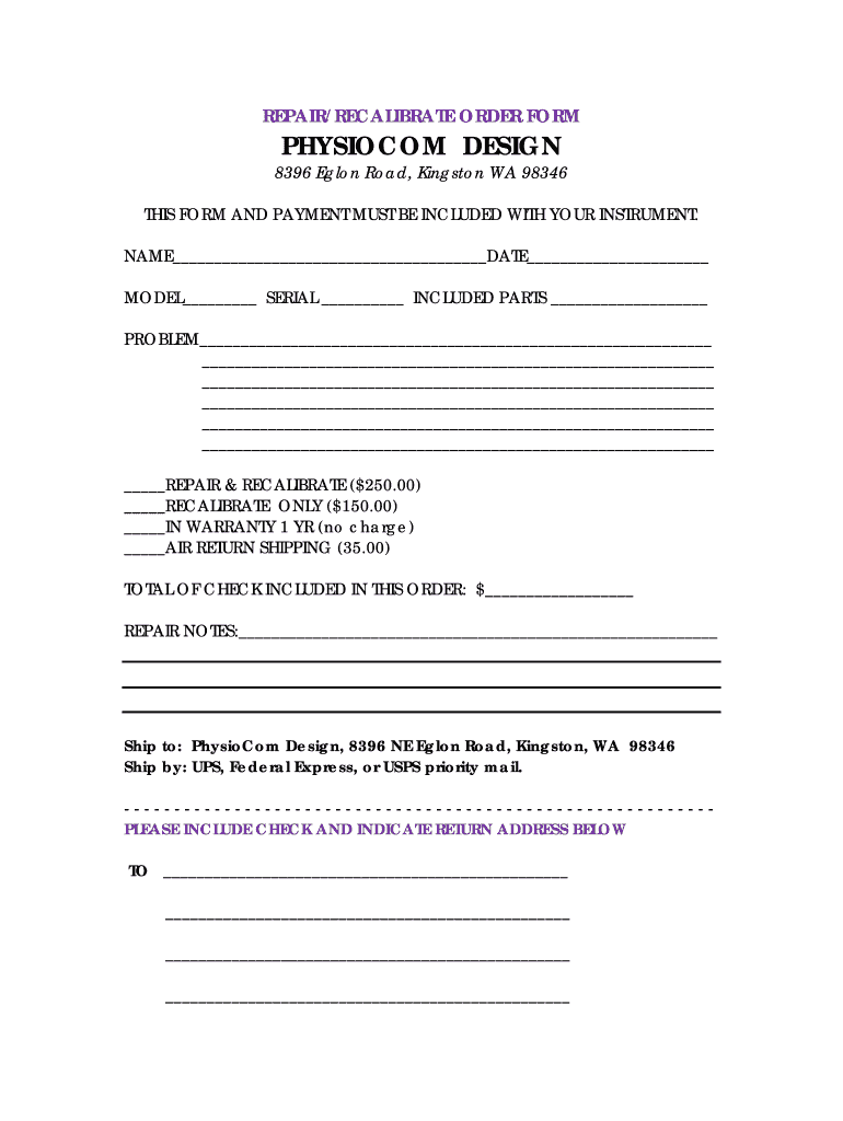 Fillable Online Repair-Calibrate Order Form - Better Physiology Fax Email Print - pdfFiller