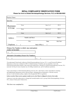 Fillable Online HIPAA COMPLIANCE VERIFICATION FORM Please return this ...