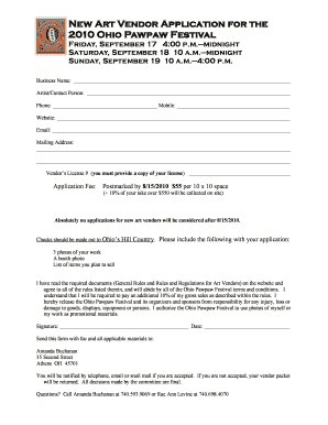 Fillable Online New Art Vendor Application for the 2010 Ohio Pawpaw Festival Fax Email Print ...