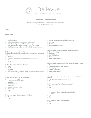 Fillable Online Dizziness Questionnaire - Bellevue amp Issaquah ENT Fax ...