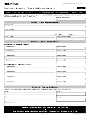 Fillable Online Merchant Request to Change Authorised Contacts - Westpac Fax Email Print - pdfFiller