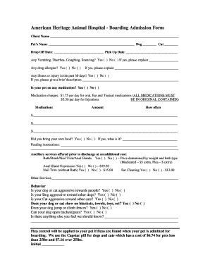 Fillable Online American Heritage Animal Hospital - Boarding Admission ...