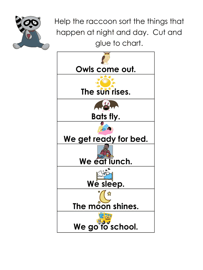 Fillable Online Help the raccoon sort the things that happen at night ...