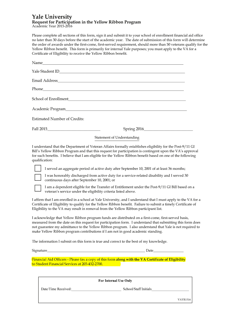 Fillable Online finaid yale 20152016 Yellow Ribbon application form ...