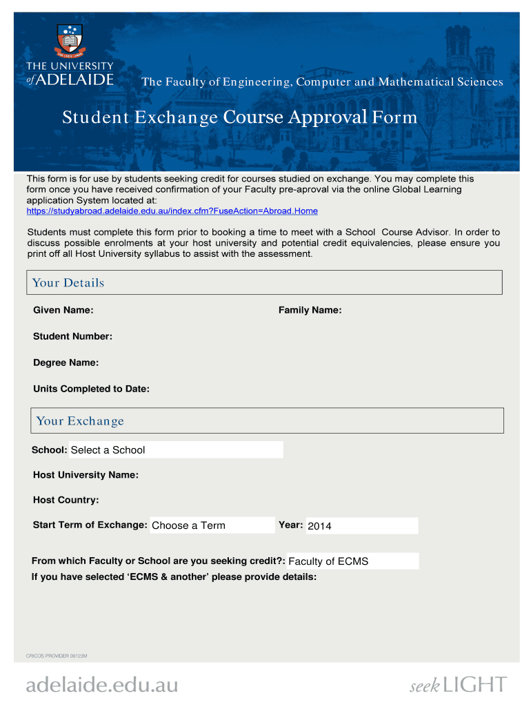 Fillable Online Student Exchange Course bApproval Formb - Faculty of Engineering bb Fax Email ...