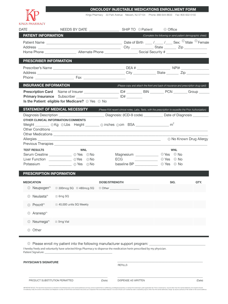 Fillable Online ONCOLOGY INJECTABLE MEDICATIONS ENROLLMENT FORM Fax ...