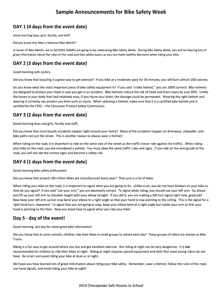 Fillable Online Sample Announcements for Bike Safety Week Fax Email Print - pdfFiller