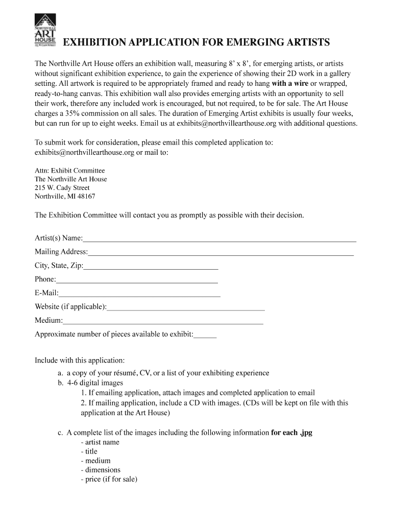 Fillable Online northvillearthouse EXHIBITION APPLICATION FOR EMERGING ...