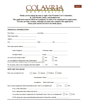 Fillable Online Thank you for taking the time to apply with Westlake Care Fax Email Print ...