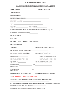 Fillable Online insurancesolutions Homeowners quote Sheet ...